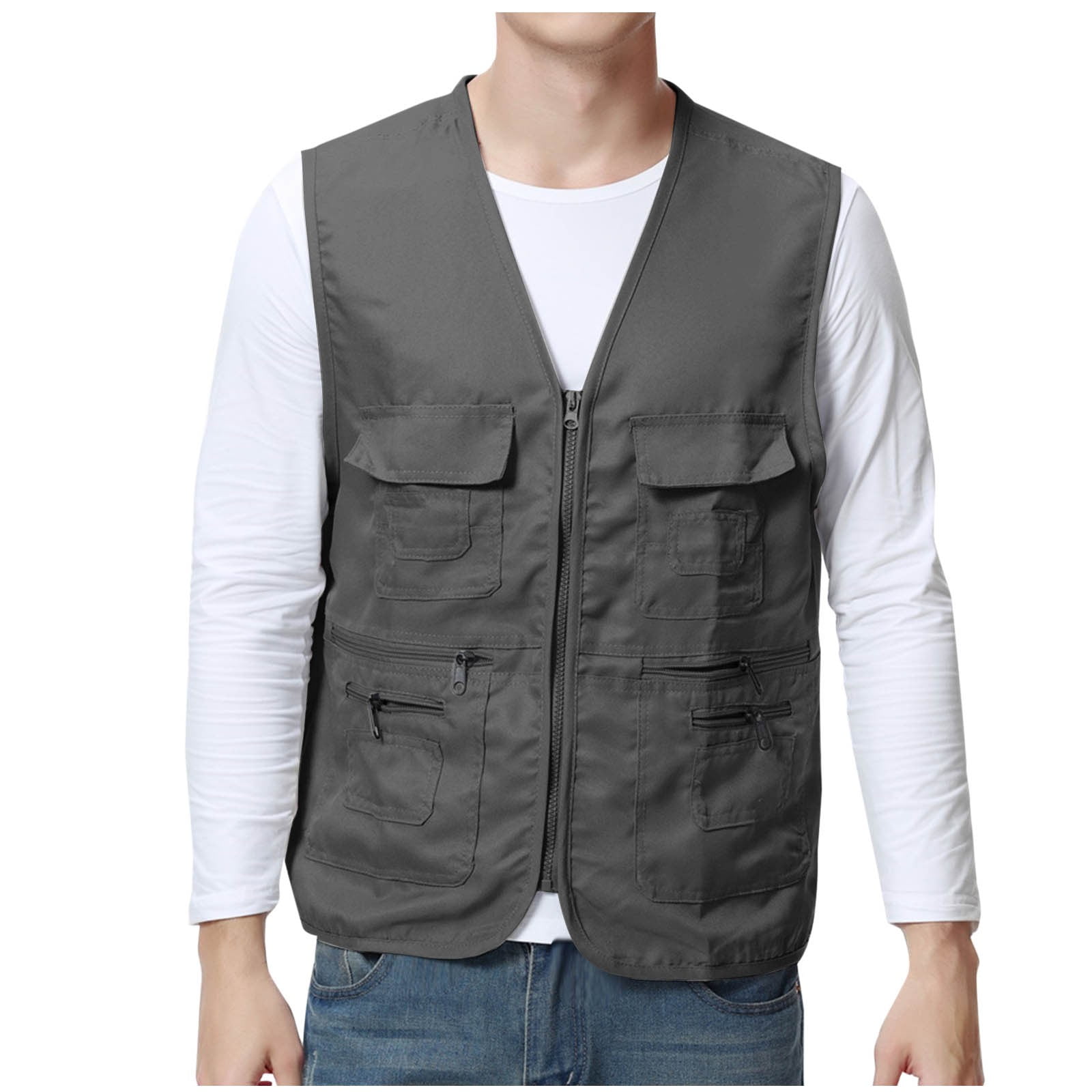 Men's Cargo Vest Full Zipper V Neck Sleeveless Vest Lightweight Outdoor ...