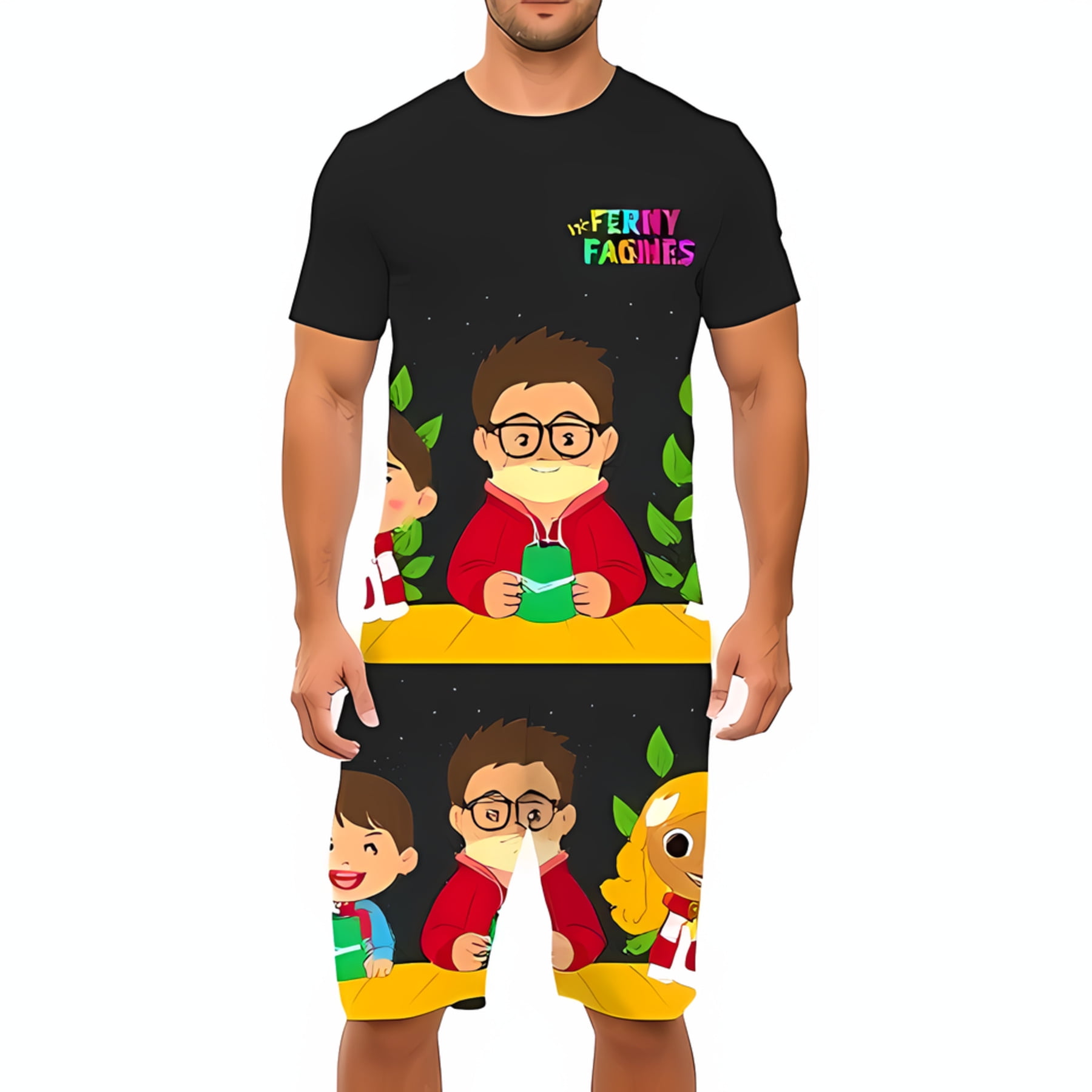 Men's Cartoon Print T-Shirt and Shorts Set - Vibrant All-Over Design ...