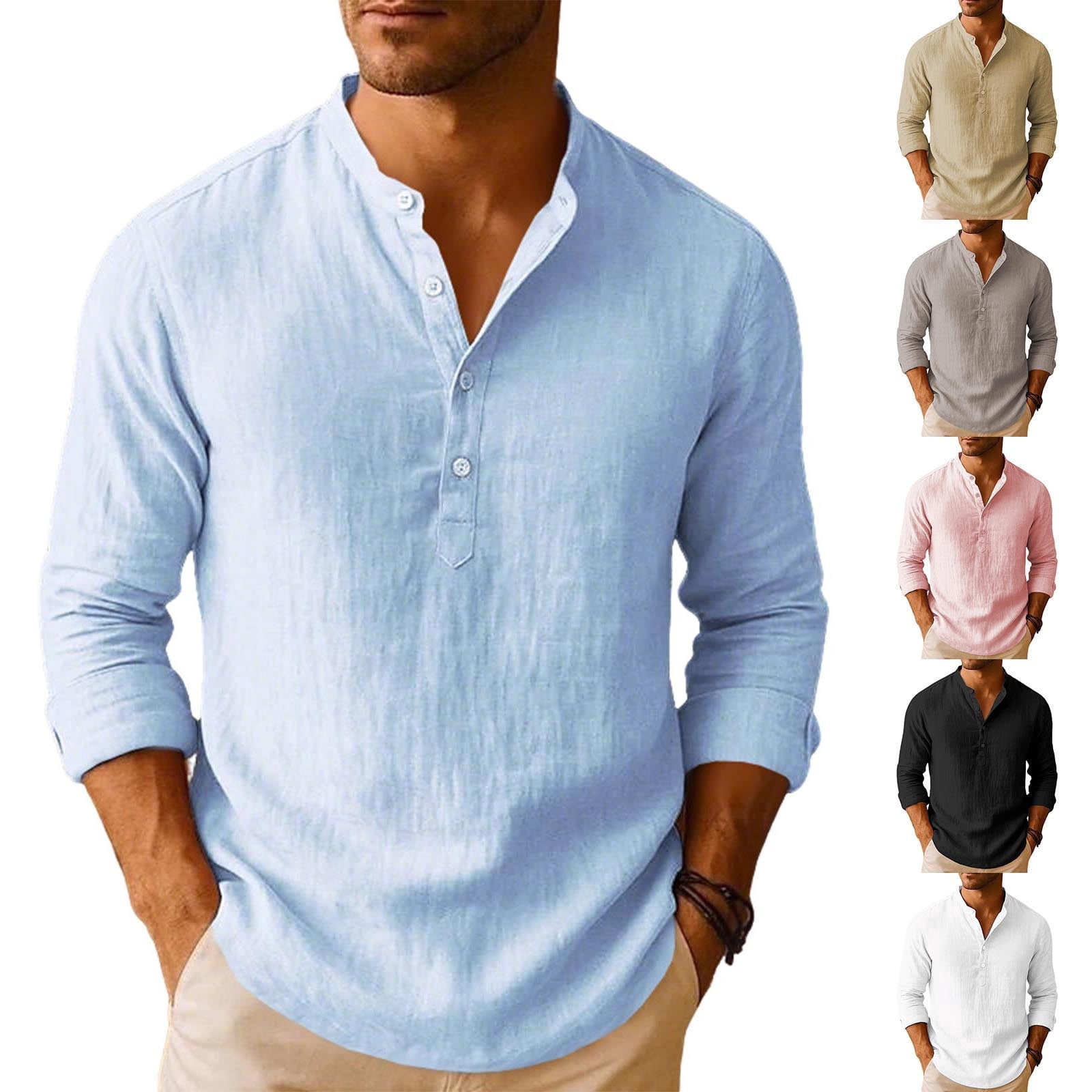 Men’s Casual Cotton Long Sleeve Shirt, Button Up Stand Collar Blouse ...