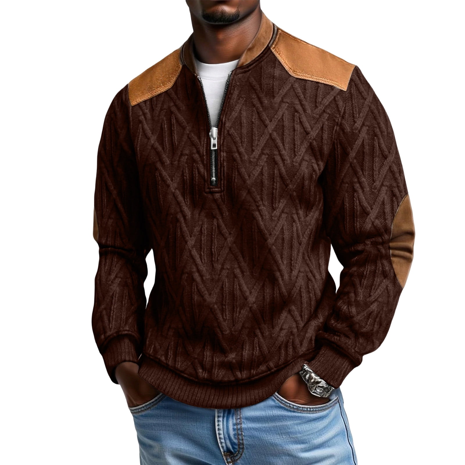Men's Casual Crew Neck Quarter Zip Print Long Sleeve Hoodie - Brown ...