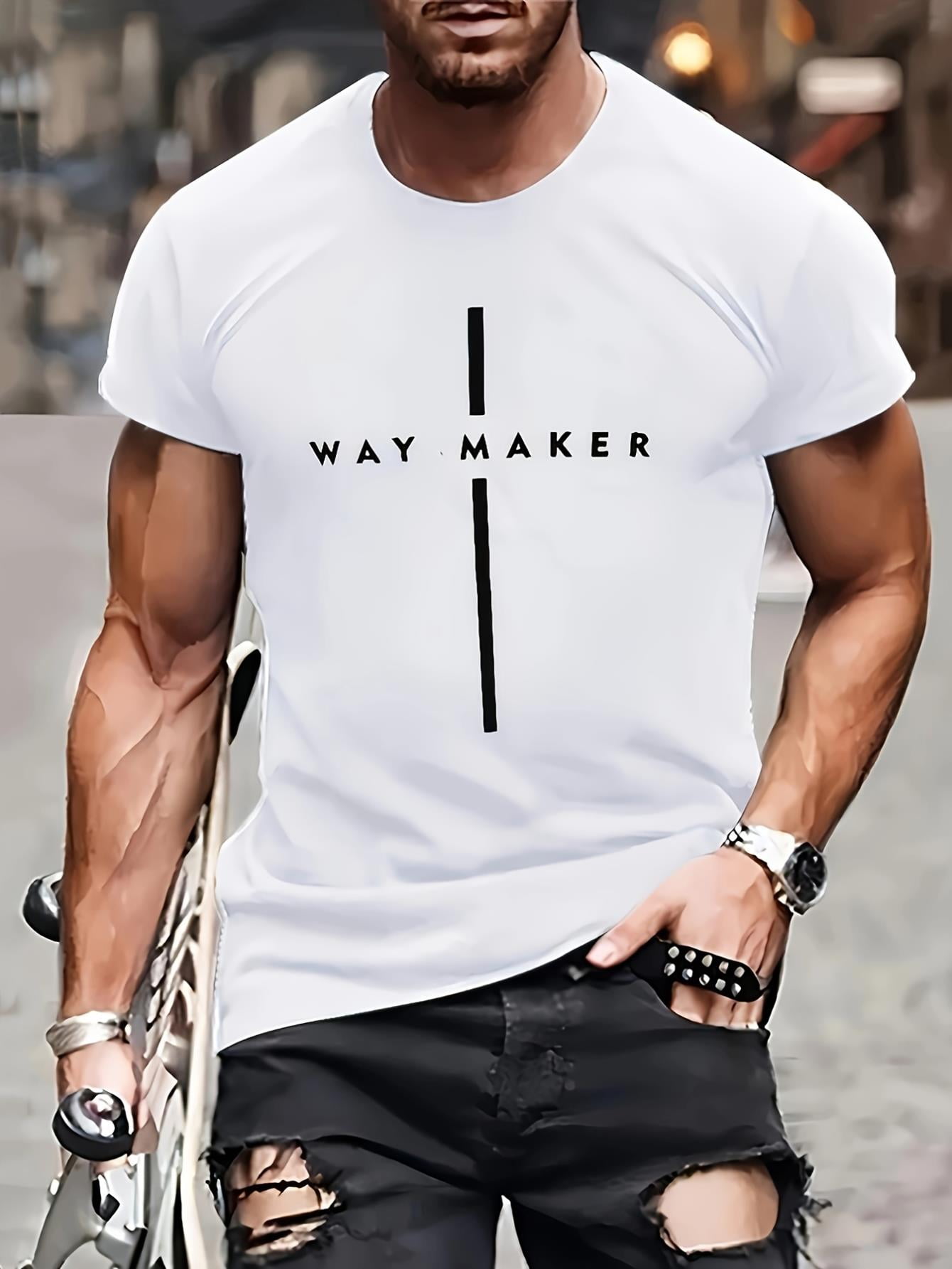 Men's Casual Crew Neck T-Shirt with 3D Printed 'Way Maker' Lettering - 100% Cotton Knit Fabric ...