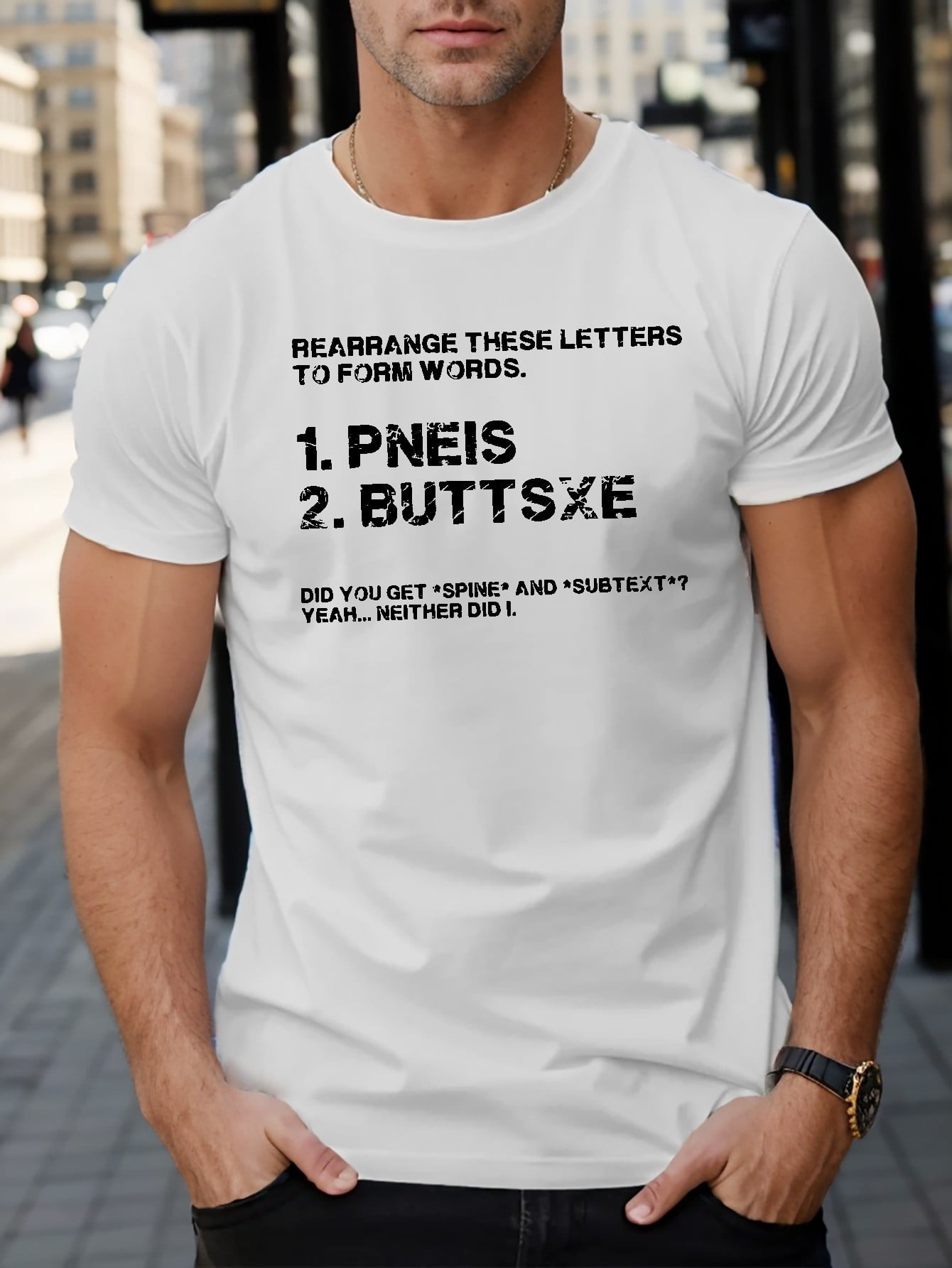 Men's Casual Crew Neck T-Shirt, Geometric Pattern, Regular Fit, with Rearrange These Letters to ...