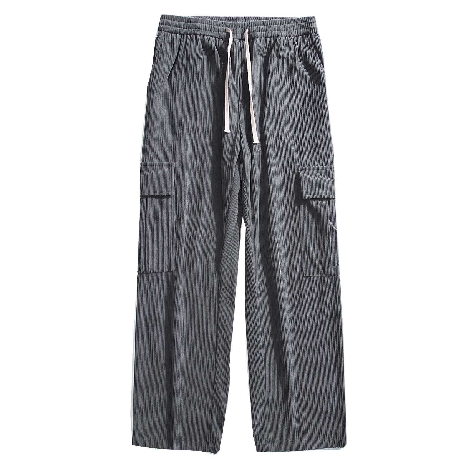 Men's Casual Drawstring Straight Barrel Trousers Carry Pockets Cotton ...