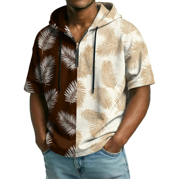 Men's Casual Hawaiian Cartoon Fish Print Hooded Zipper Neck Short ...