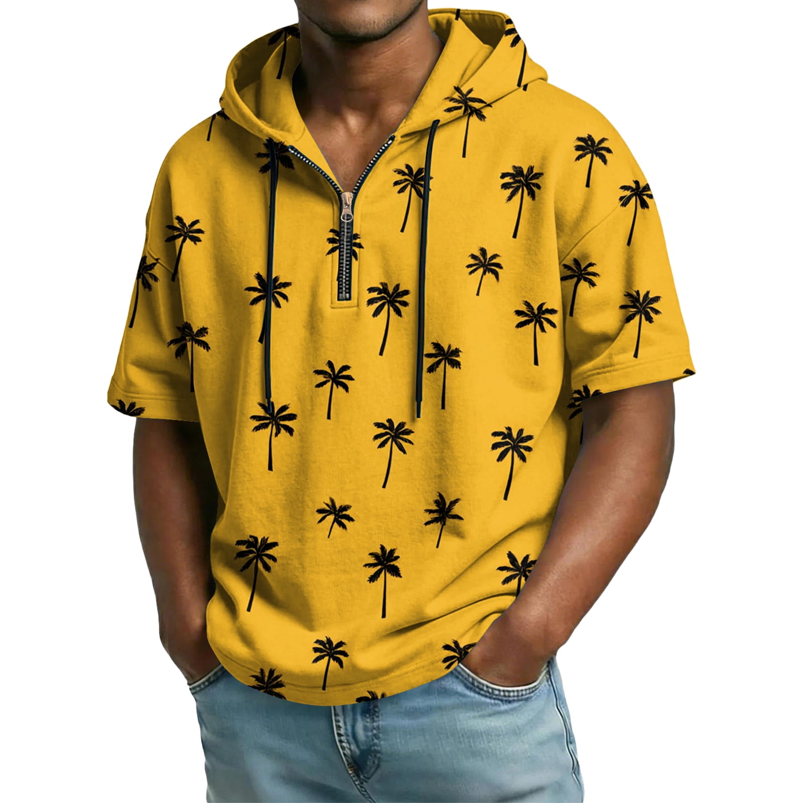 Men's Casual Hawaiian Plant Print Hooded Zipper Neck Short Sleeve ...