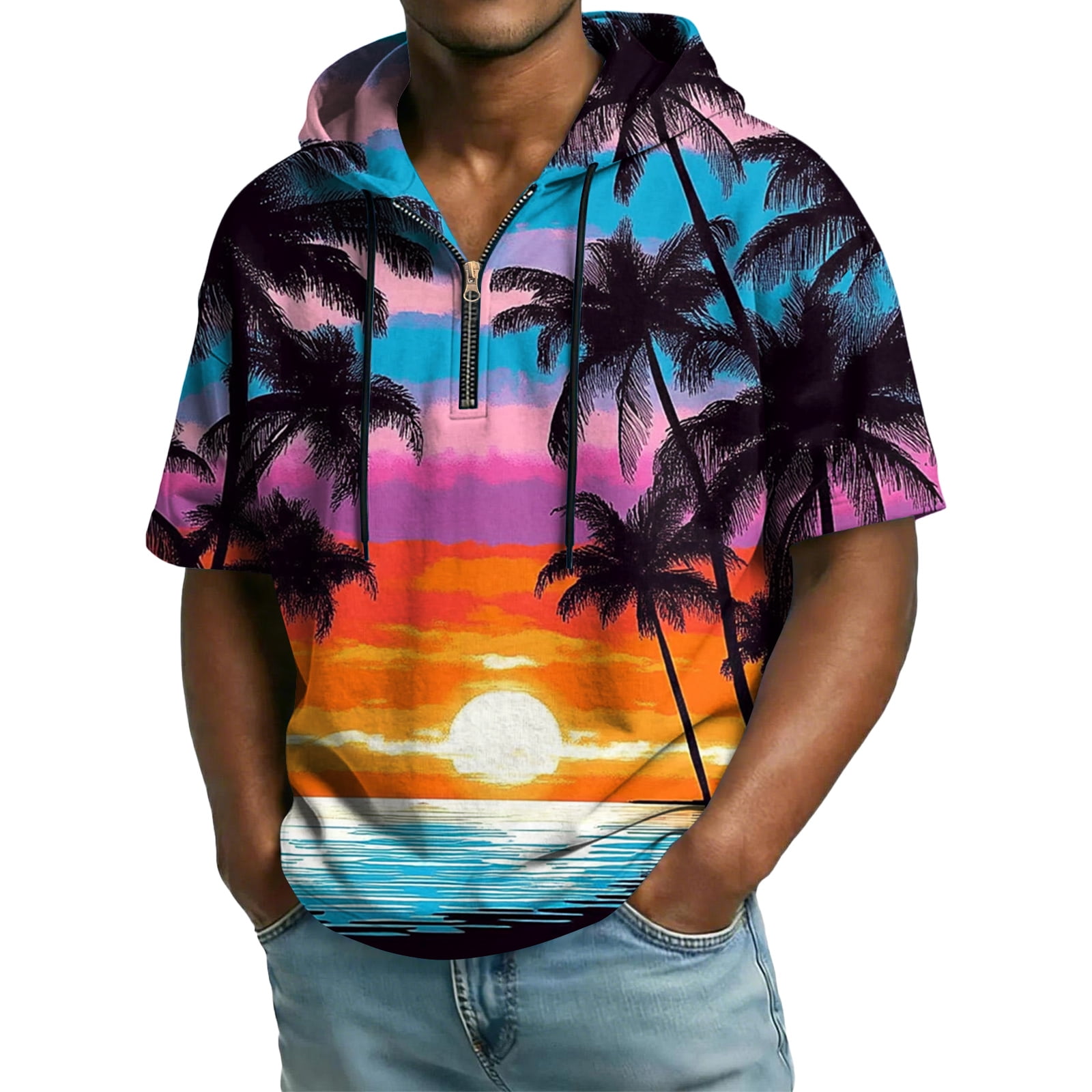 Men's Casual Hawaiian Print Hooded Zipper Neck Short Sleeve Sweatshirt ...