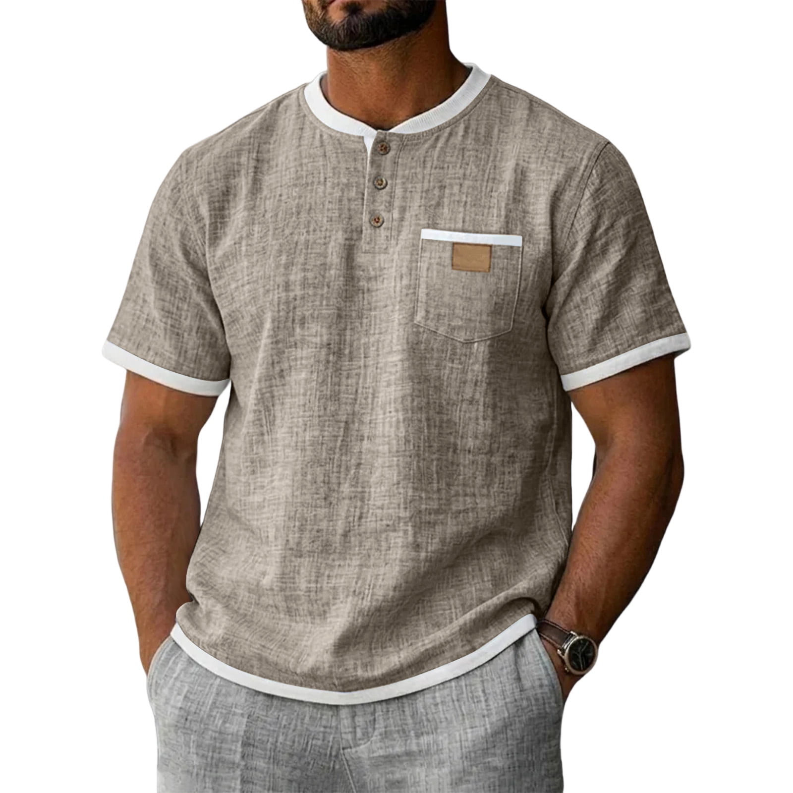 Men's Casual Henley Shirt Short Sleeve Band Collar Linen Shirt Summer ...