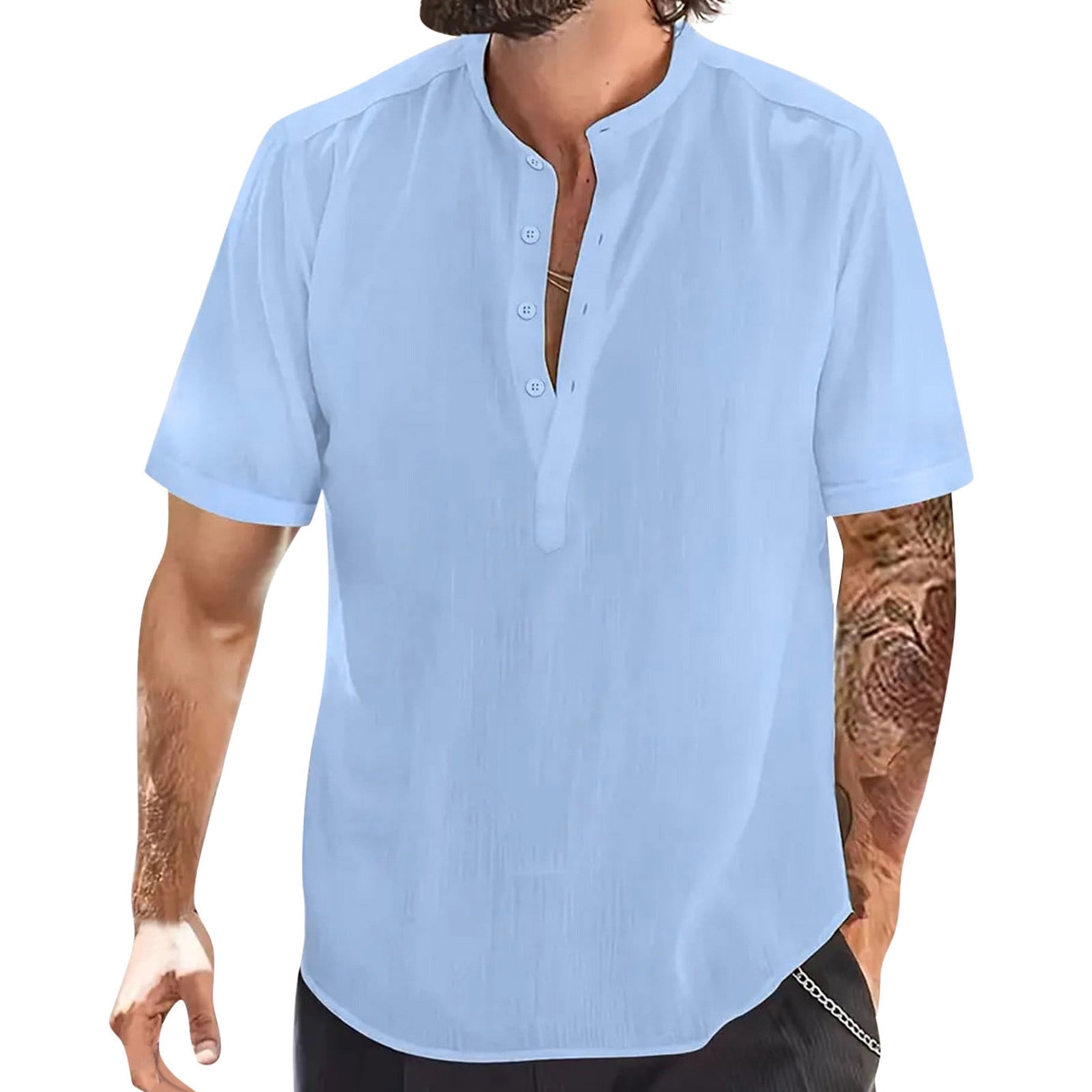 Men's Casual Henley Shirt Short Sleeve Linen Shirt Band Collar Summer Hippie Beach T-Shirts ...