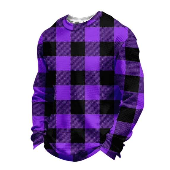 Men's Casual Long Sleeve Plaid Print Round Neck Top, Waffle Texture ...