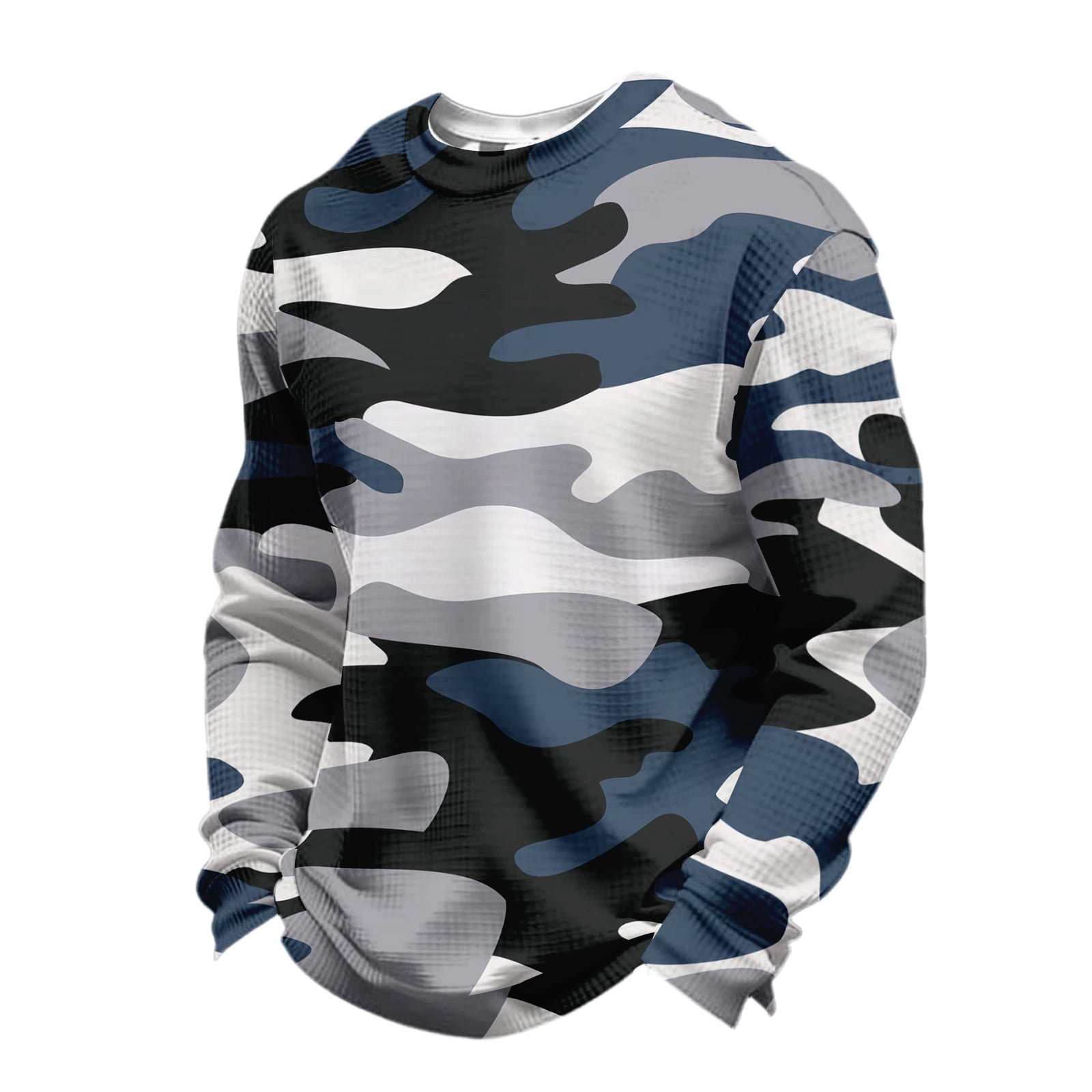 Men's Casual Long Sleeve Speckled Print Round Neck Top, Waffle Texture ...