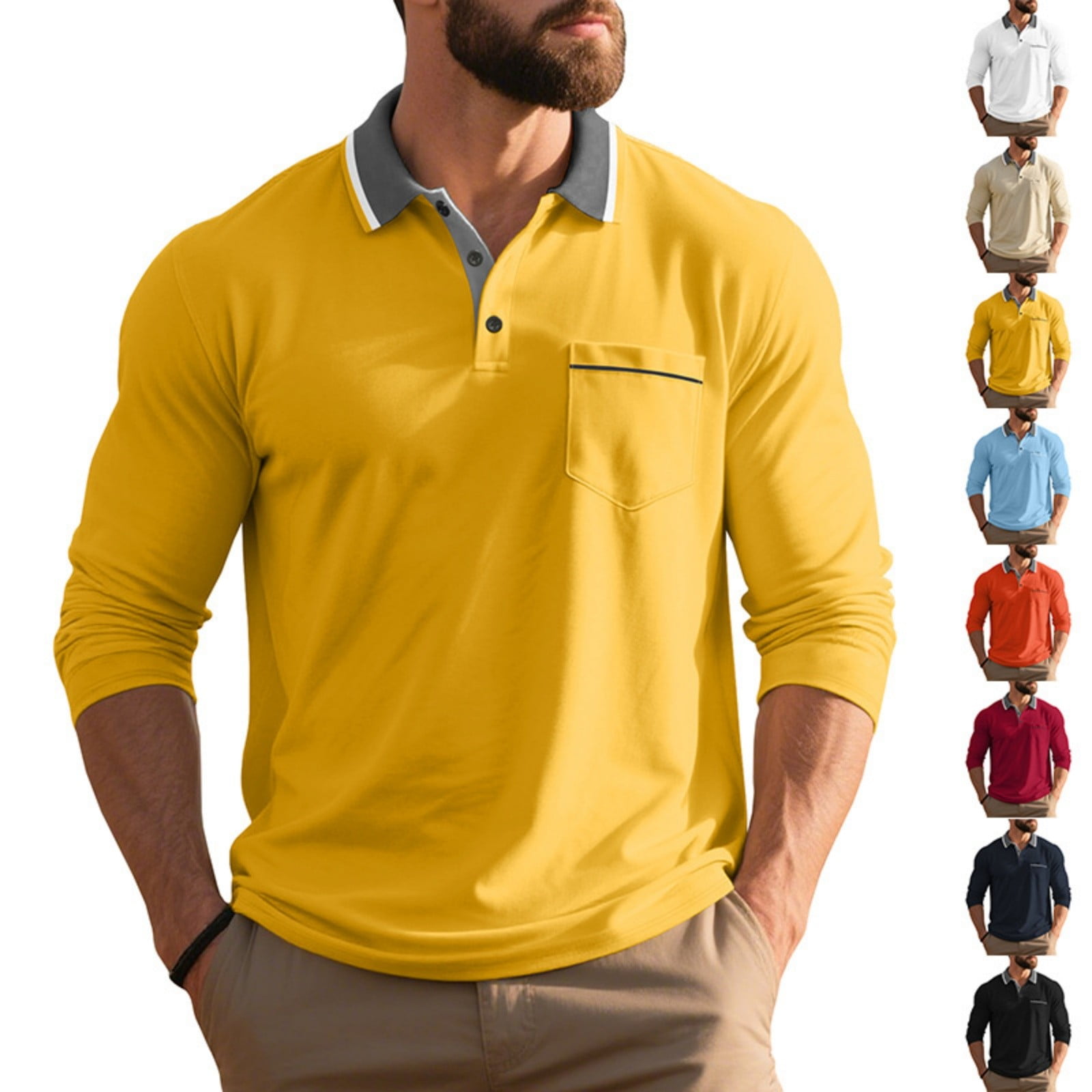 Men's Casual Long Sleeve Top Turn Down Collar Button Pocket Color Block ...