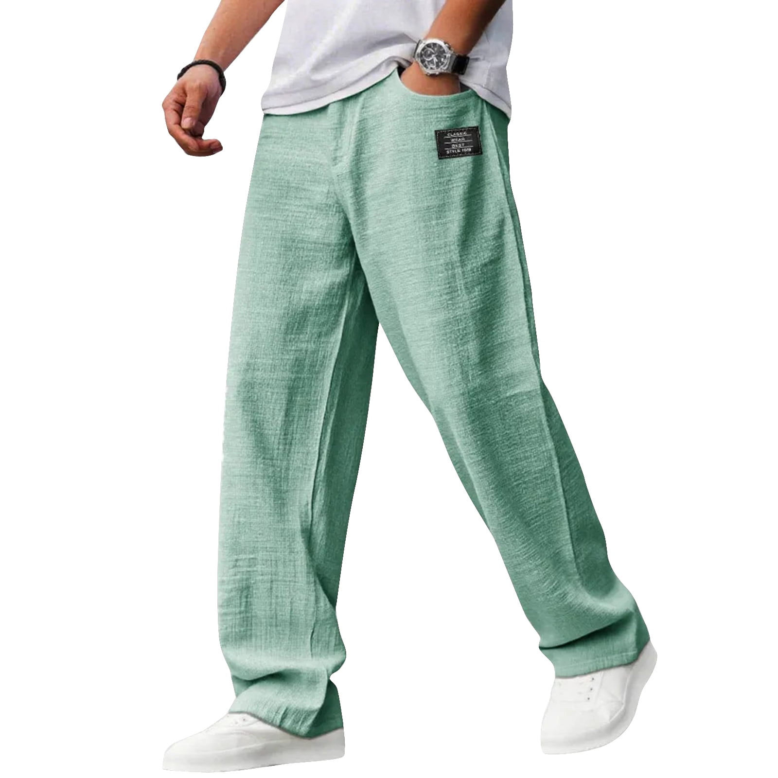 Men’s Casual Loose Fit Linen Pants Lightweight Breathable Trousers with ...