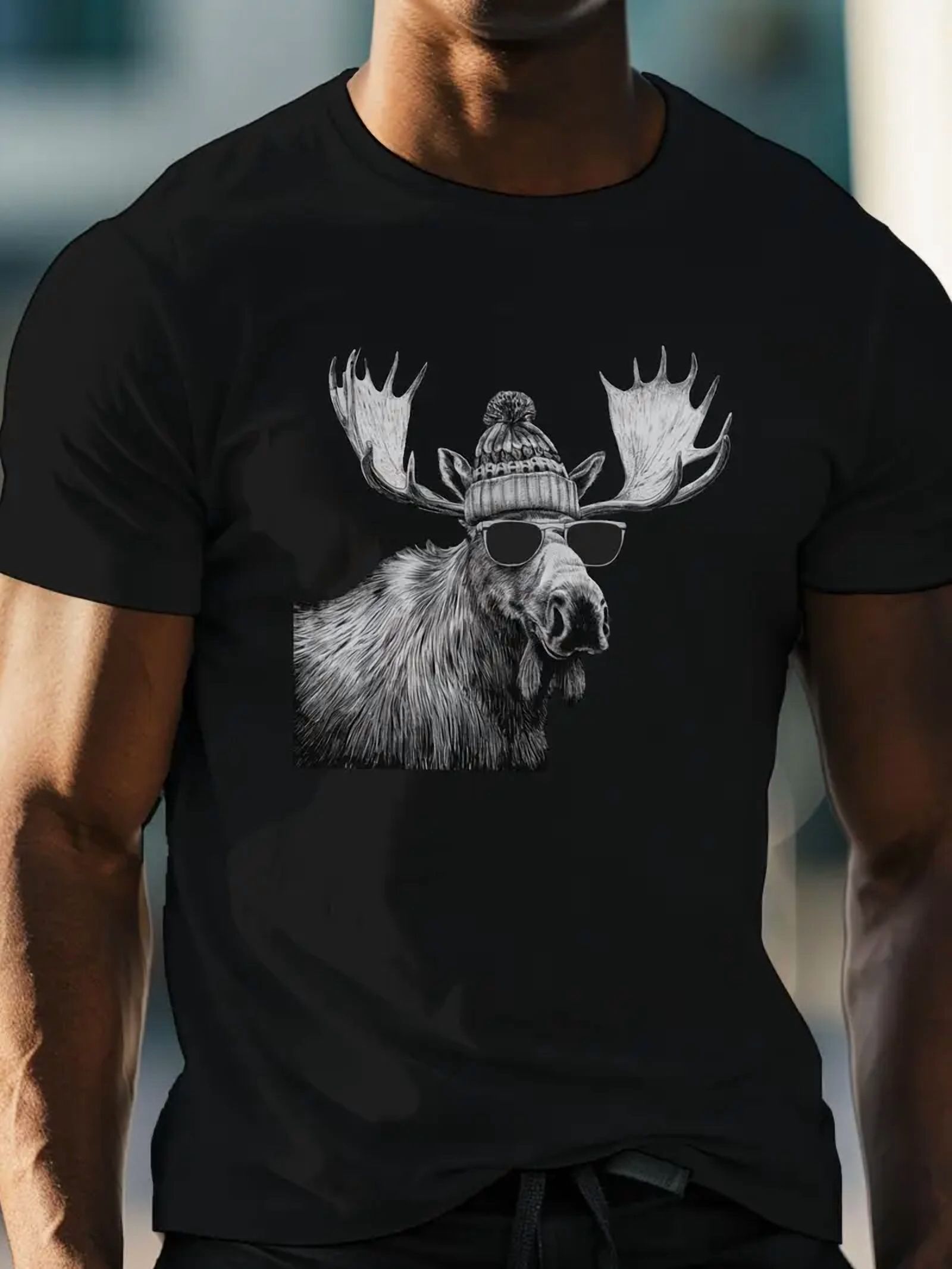 Men's Casual Moose with Fashion Glasses Graphic Print T-Shirt - Black ...