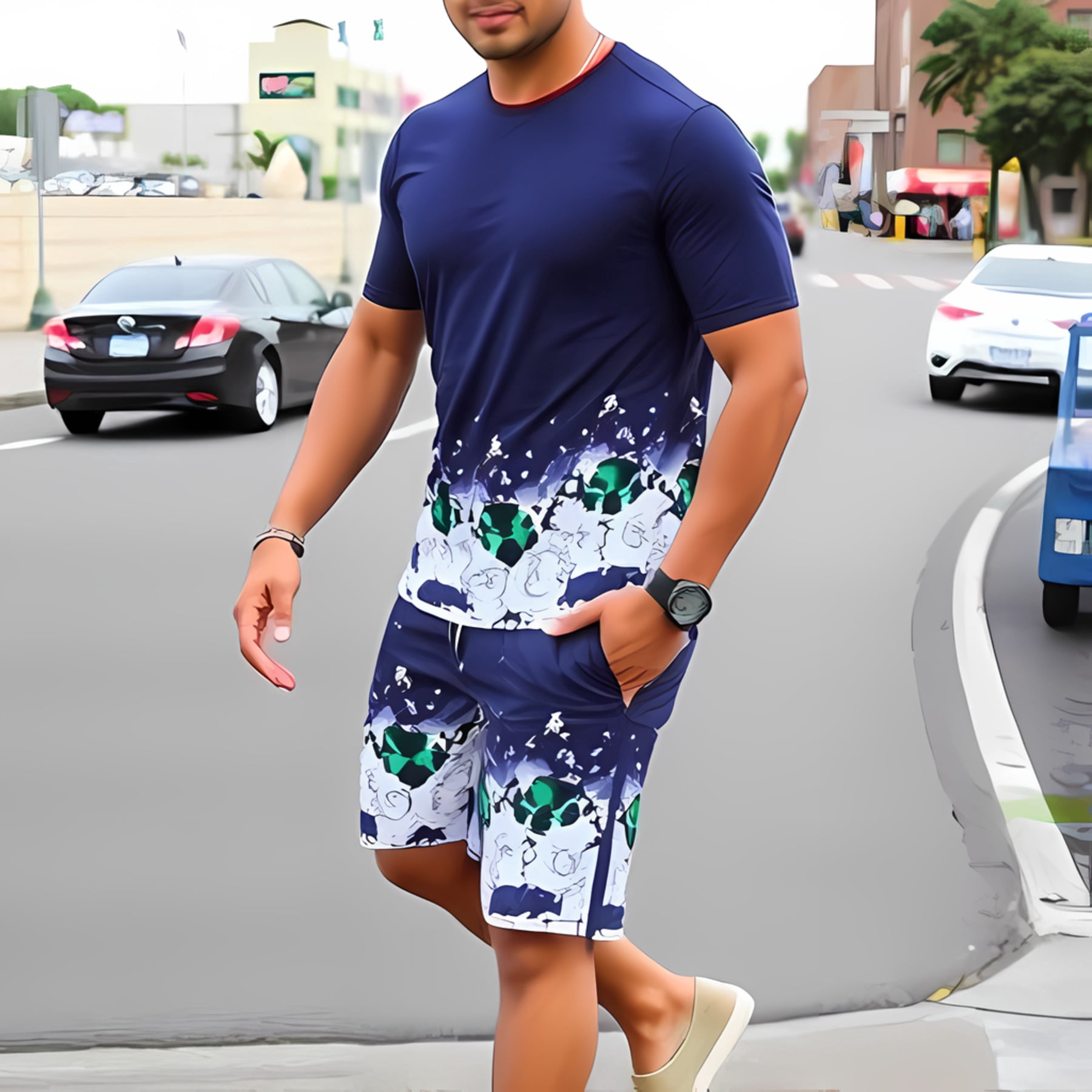 Men's Casual Navy Blue T-Shirt and Shorts Set with Vibrant Green and ...