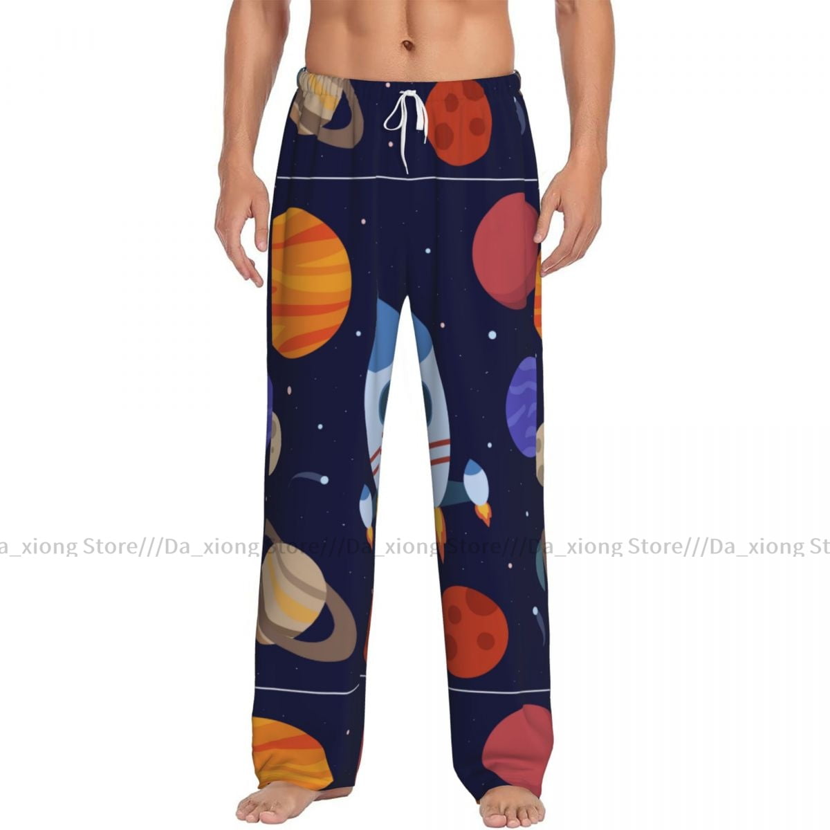 Men's Casual Pajama Sleeping Pants Cartoon Rocket In Space With Planets ...