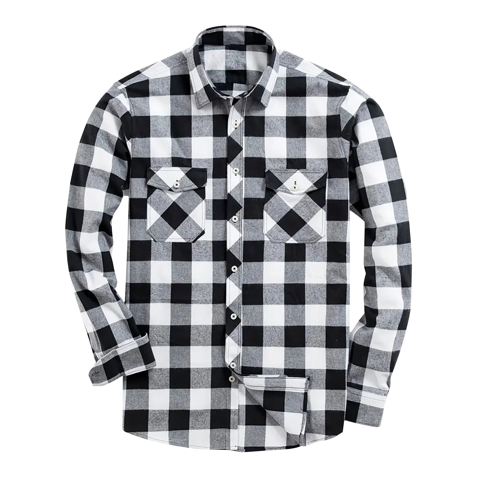 Men's Casual Personality Checkered Printing Button Lapel Fashion Long ...