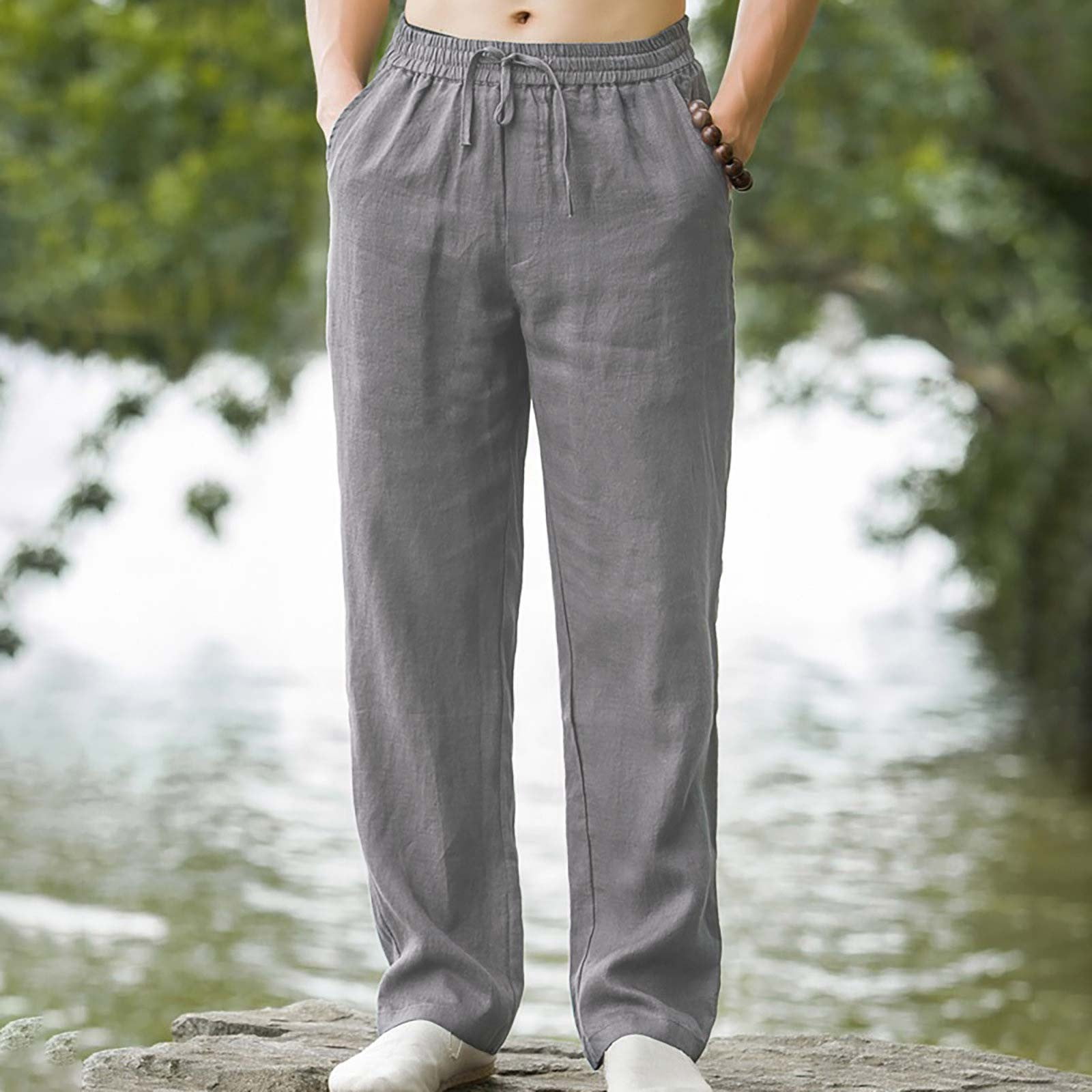 Men's Casual Polyester Drawstring Pants with Pockets - Elastic Waist ...