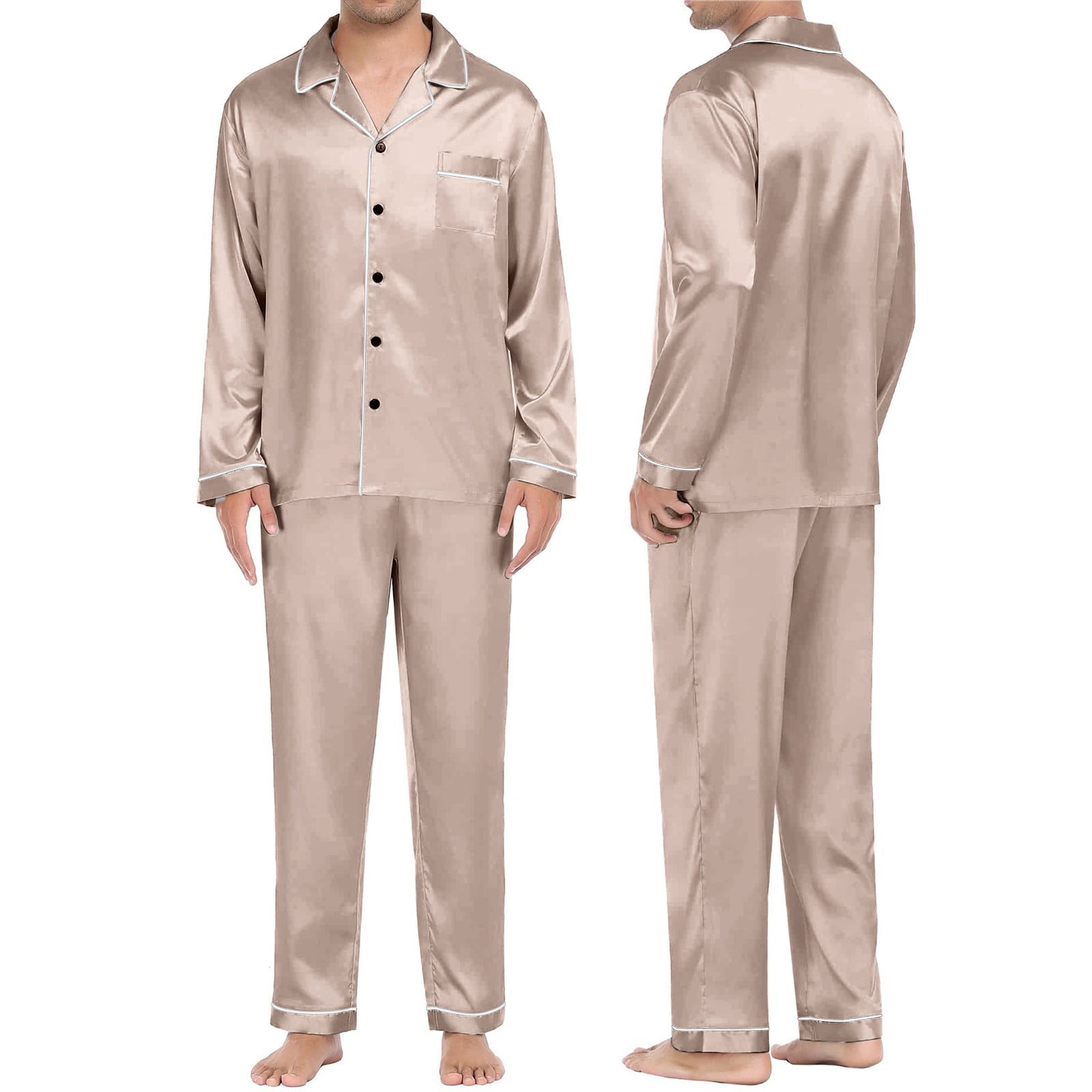Men's Casual Pyjamas Long Sleeve Blouse Button Silk Satin Two Piece ...