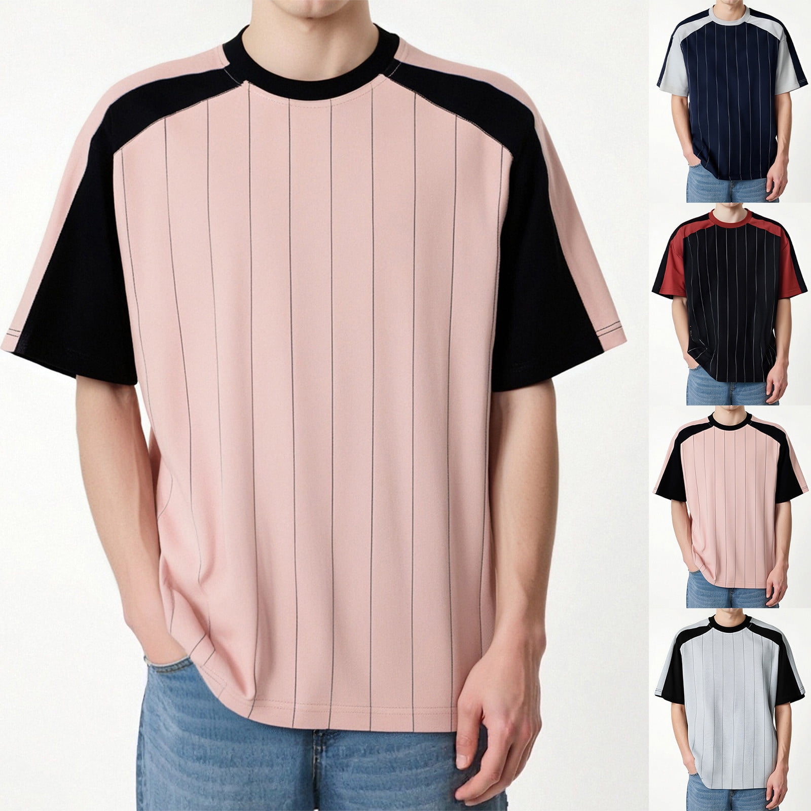 Men's Casual Raglan 3 4 Short Sleeve Patchwork Sports Crew Neck ...