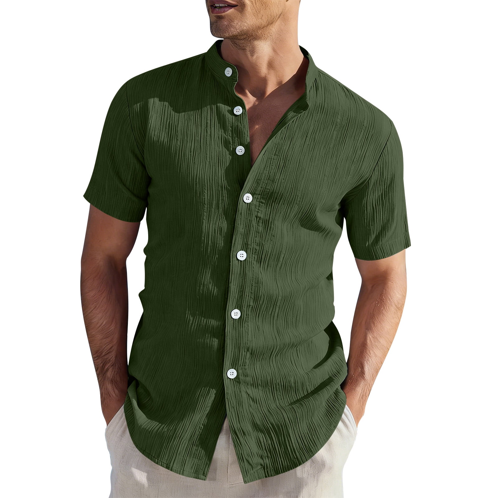 Men's Casual Short-Sleeved Shirt Solid Color Jacquard Wave Strip Short ...