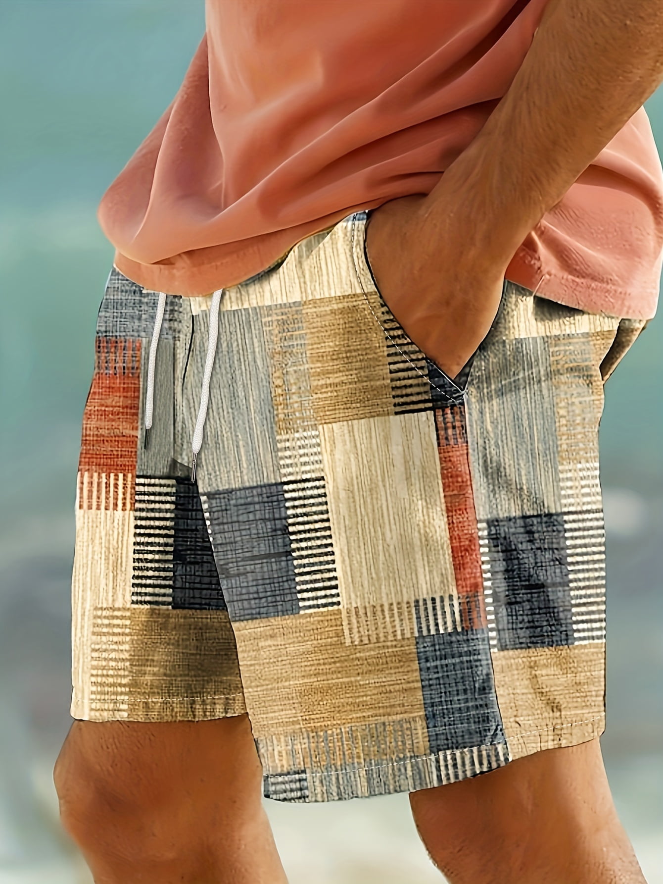 Men's Casual Shorts Linen Elastic Waist Drawstring Shorts for Men with ...