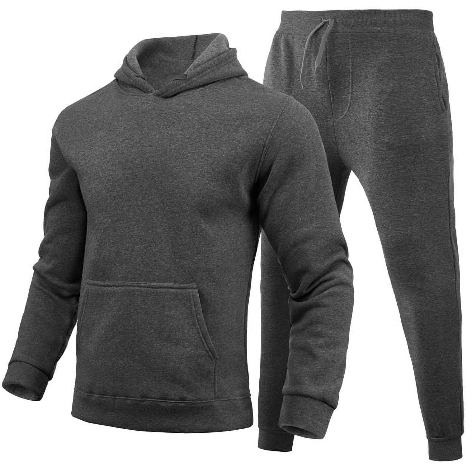 Mens Casual Solid Color Hooded Sweatsuits 2 Piece Casual Long Sleeve Tracksuit Jogging Suits
