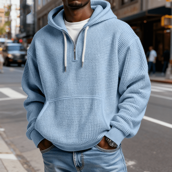 Men's Casual Solid Color Waffle Zipper Long Sleeve Hooded Sweatshirt ...