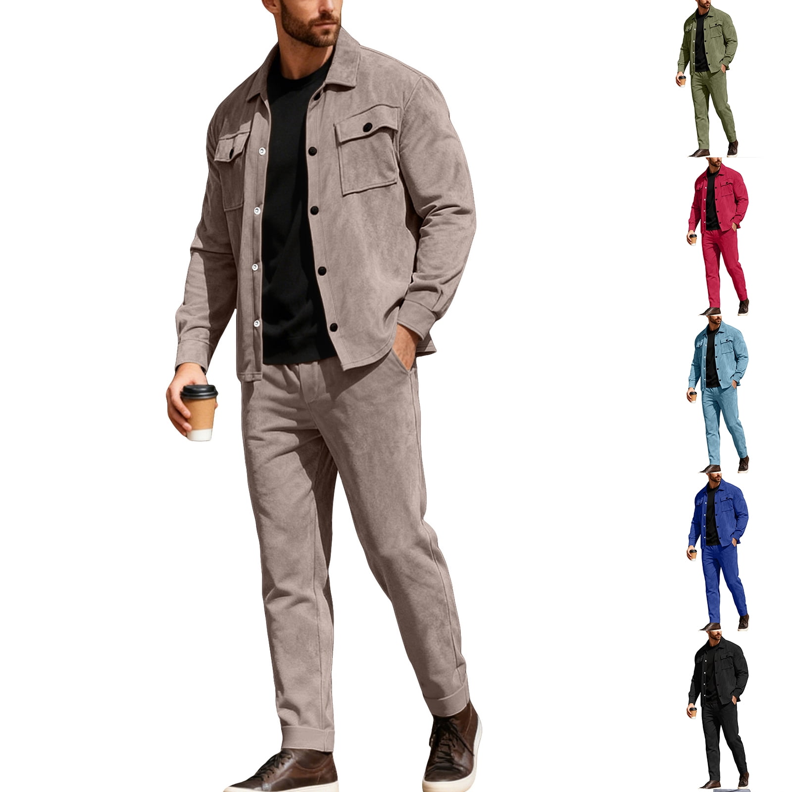 Men's Casual Sports Suede Business Button-down Jacket and Pants Suit ...