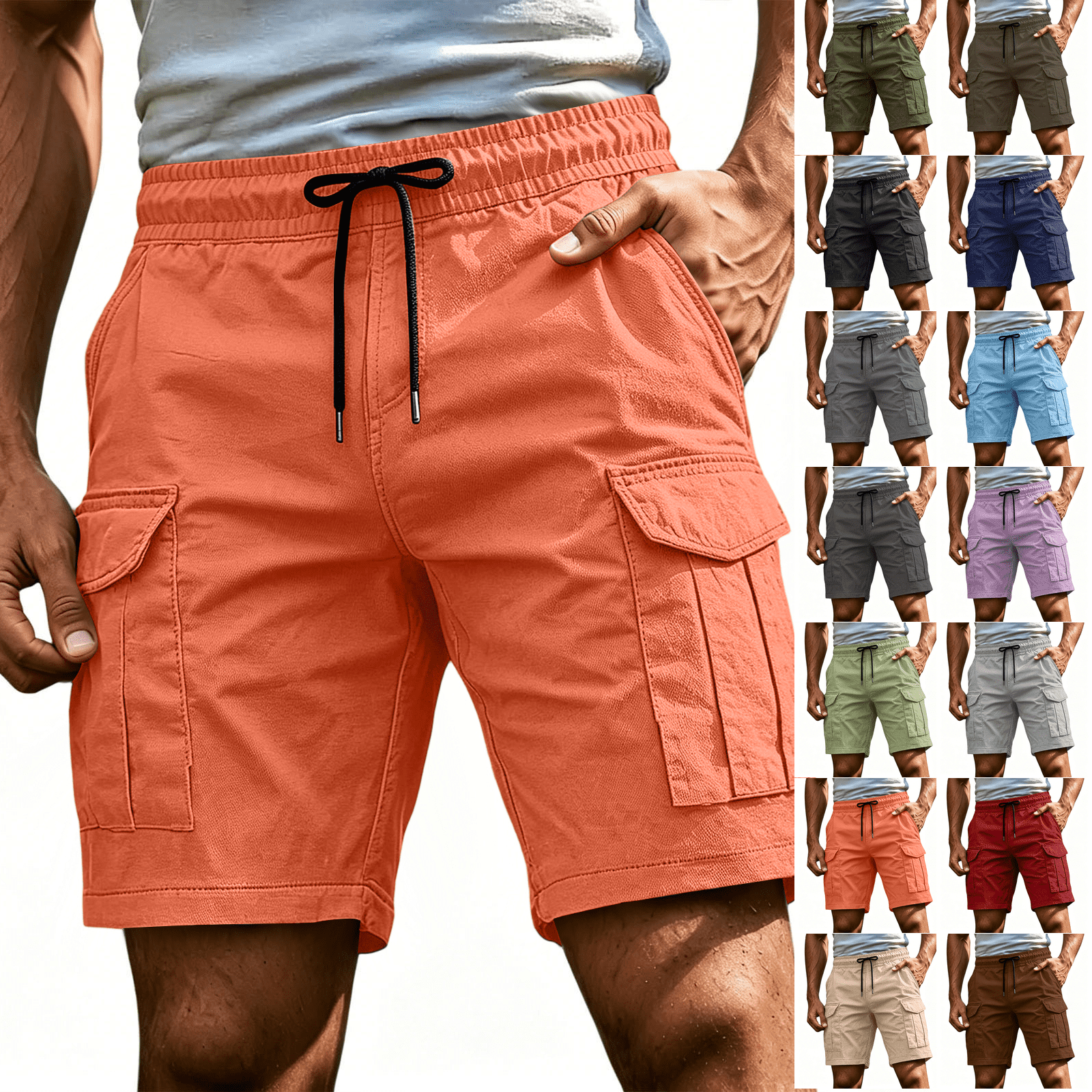 Men's Casual Stretch Cargo Shorts Knee Length Classic Drawstring ...