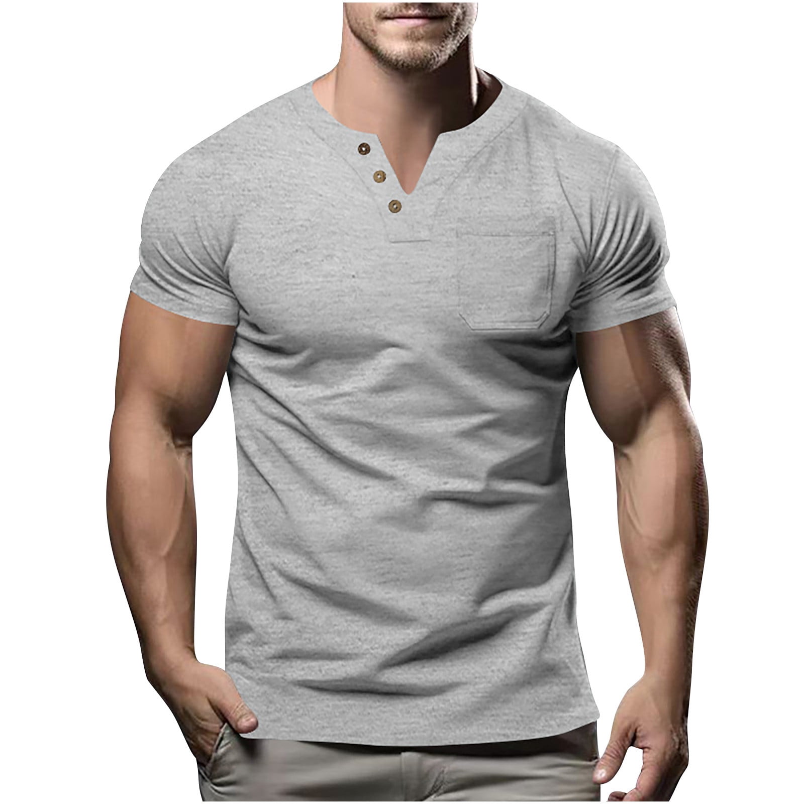 Men's Casual Summer Buttons Shirts V Neck Short Sleeve Solid Color T ...