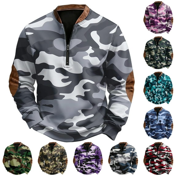 Men's Casual Sweatshirt American Camouflage Print Round Neck Long ...
