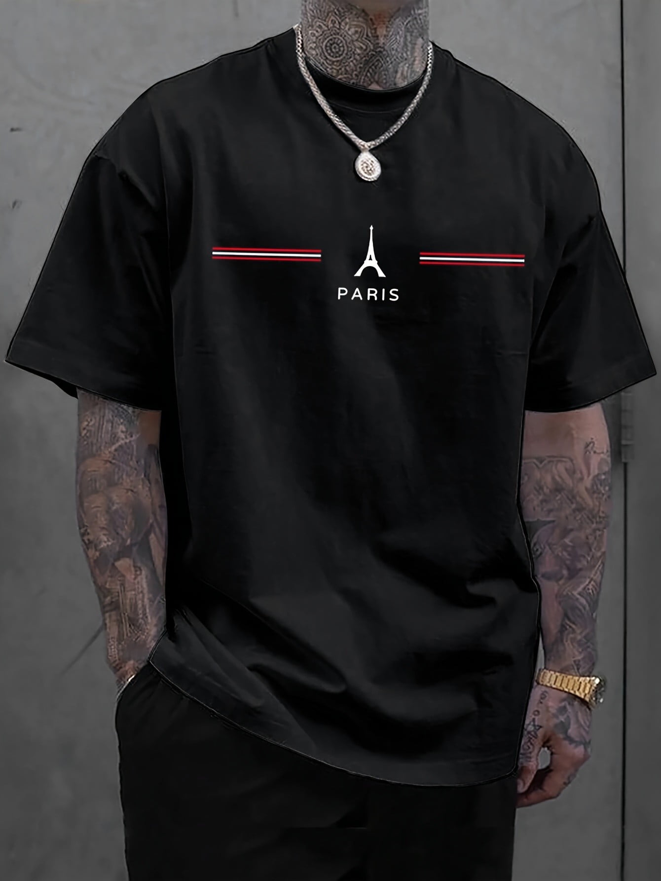 Men's Casual T-Shirt with Eiffel Tower Print, Summer Knit Fabric, Round ...