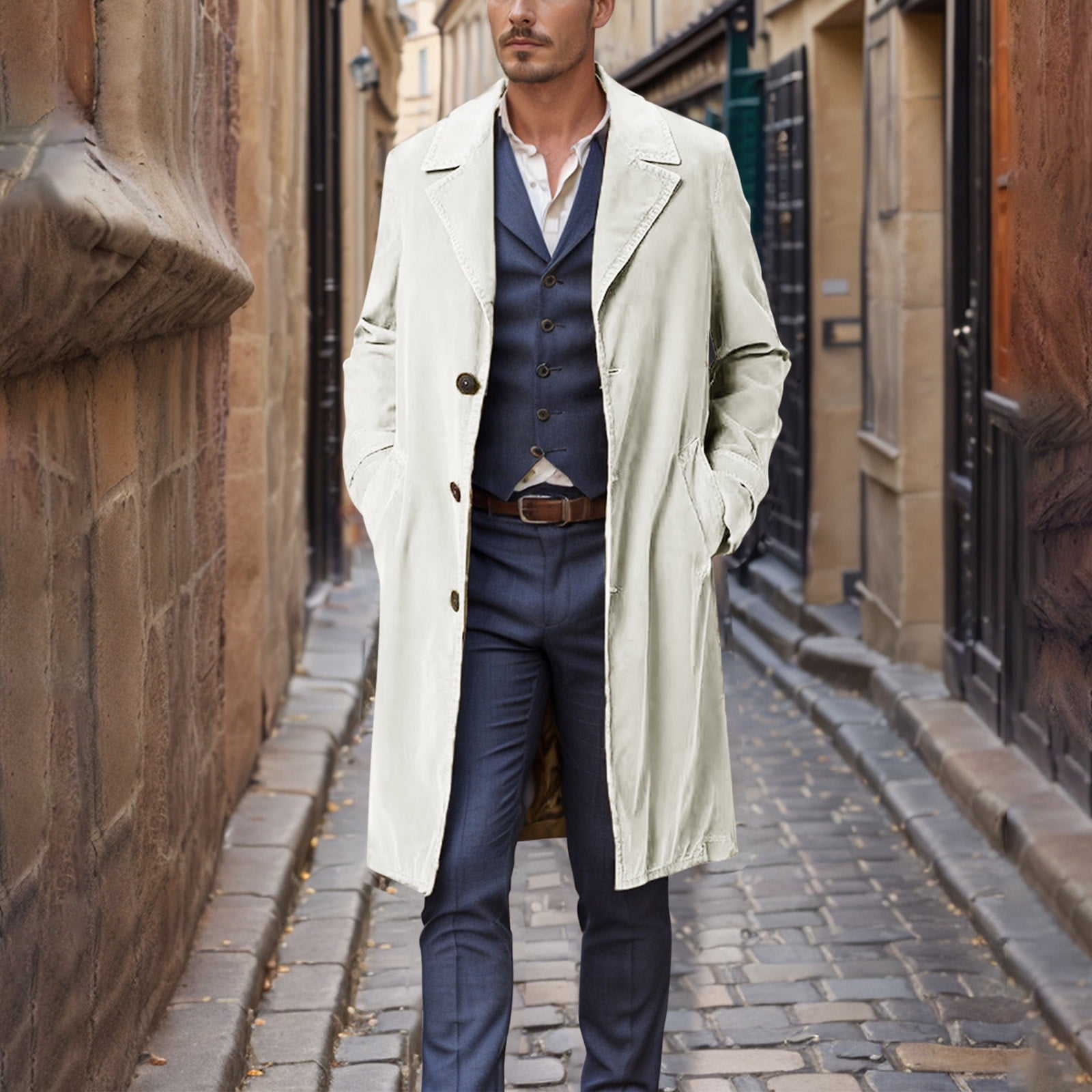 Men's Casual Trench Coat Business Casual Slim Fitting Notched Collar ...