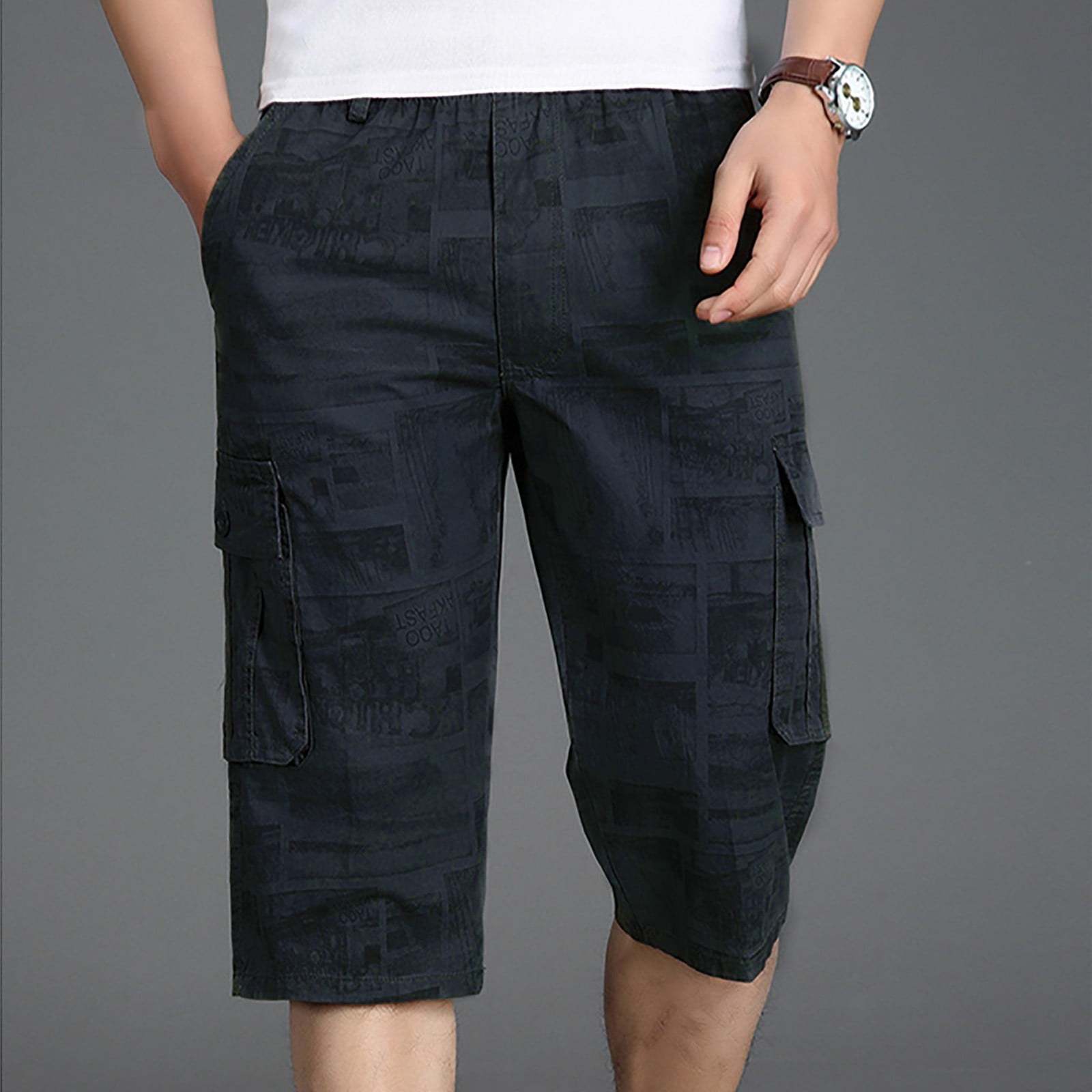 Men's Casual Twill Elastic Cargo Shorts Below Knee Loose Fit Multi-Pockets Capri Long Shorts 3/4 ...