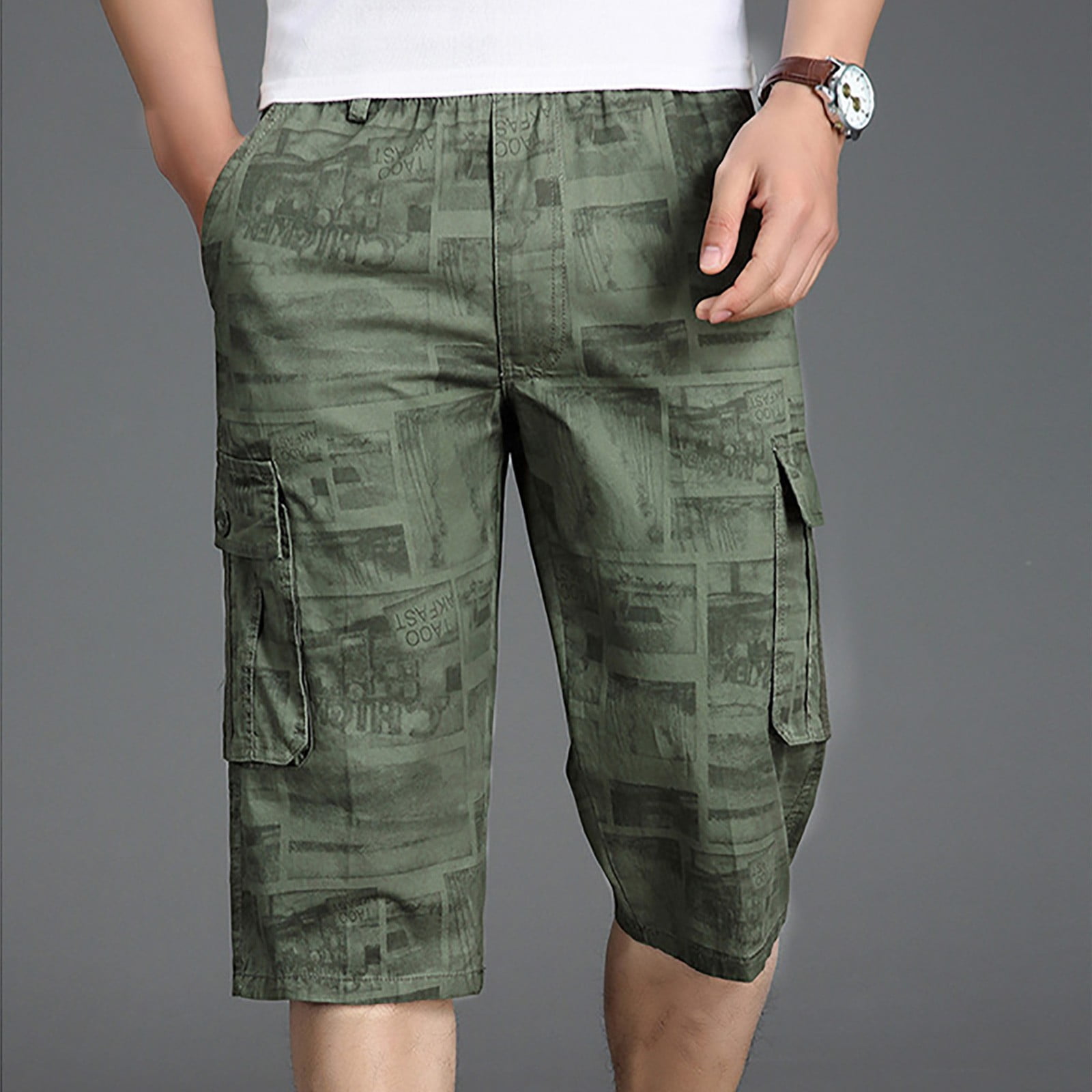 Men's Casual Twill Elastic Cargo Shorts Below Knee Loose Fit Multi-Pockets Capri Long Shorts 3/4 ...
