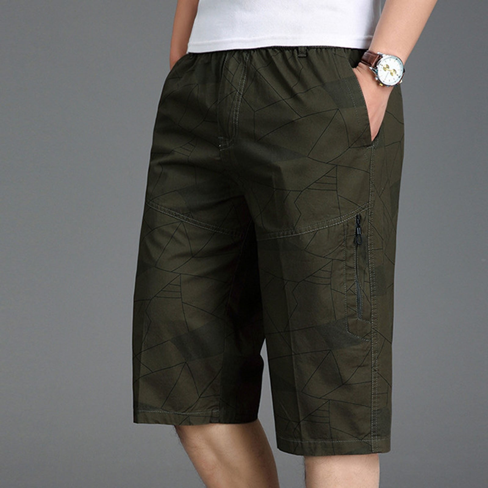 Men's Casual Twill Elastic Cargo Shorts Below Knee Loose Fit Multi-Pockets Capri Long Shorts ...
