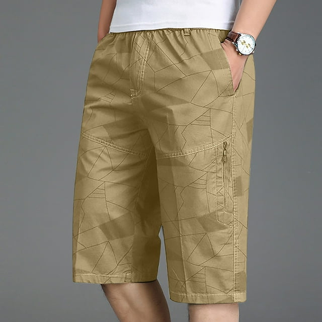 Men's Casual Twill Elastic Cargo Shorts Below Knee Loose Fit Multi-Pockets Capri Long Shorts ...