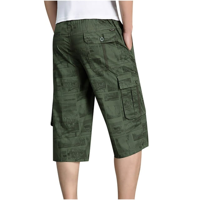 Men's Casual Twill Elastic Cargo Shorts Below Knee Loose Fit Multi-Pockets Capri Long Shorts ...