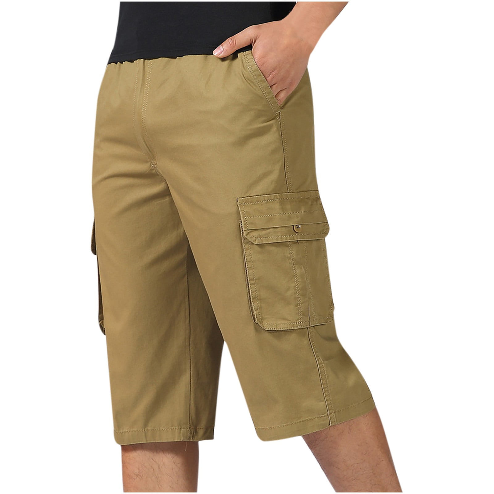 Men's Casual Twill Elastic Cargo Shorts Below Knee Loose Fit Multi-Pockets Capri Long Shorts ...