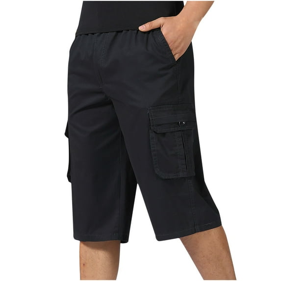 Men's Casual Twill Elastic Cargo Shorts Below Knee Loose Fit Multi-Pockets Capri Long Shorts ...
