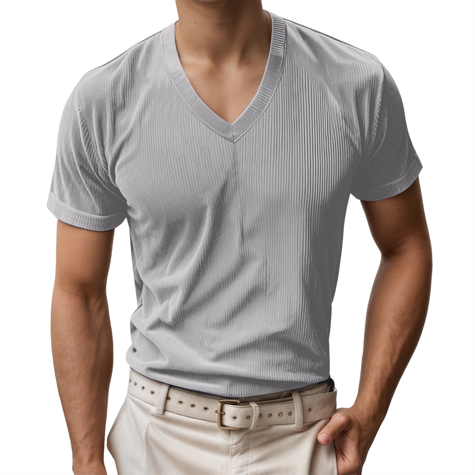 Men's Casual V Neck Loose Short Sleeve T Shirt - Lightweight Corduroy ...