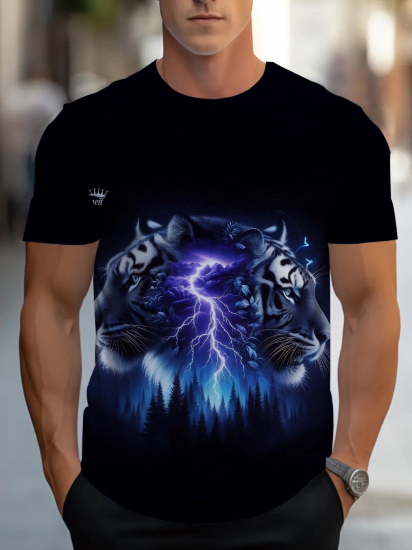 Men's Casual Wolf Electric Pattern T-Shirt - Bright Blue Forest Design ...