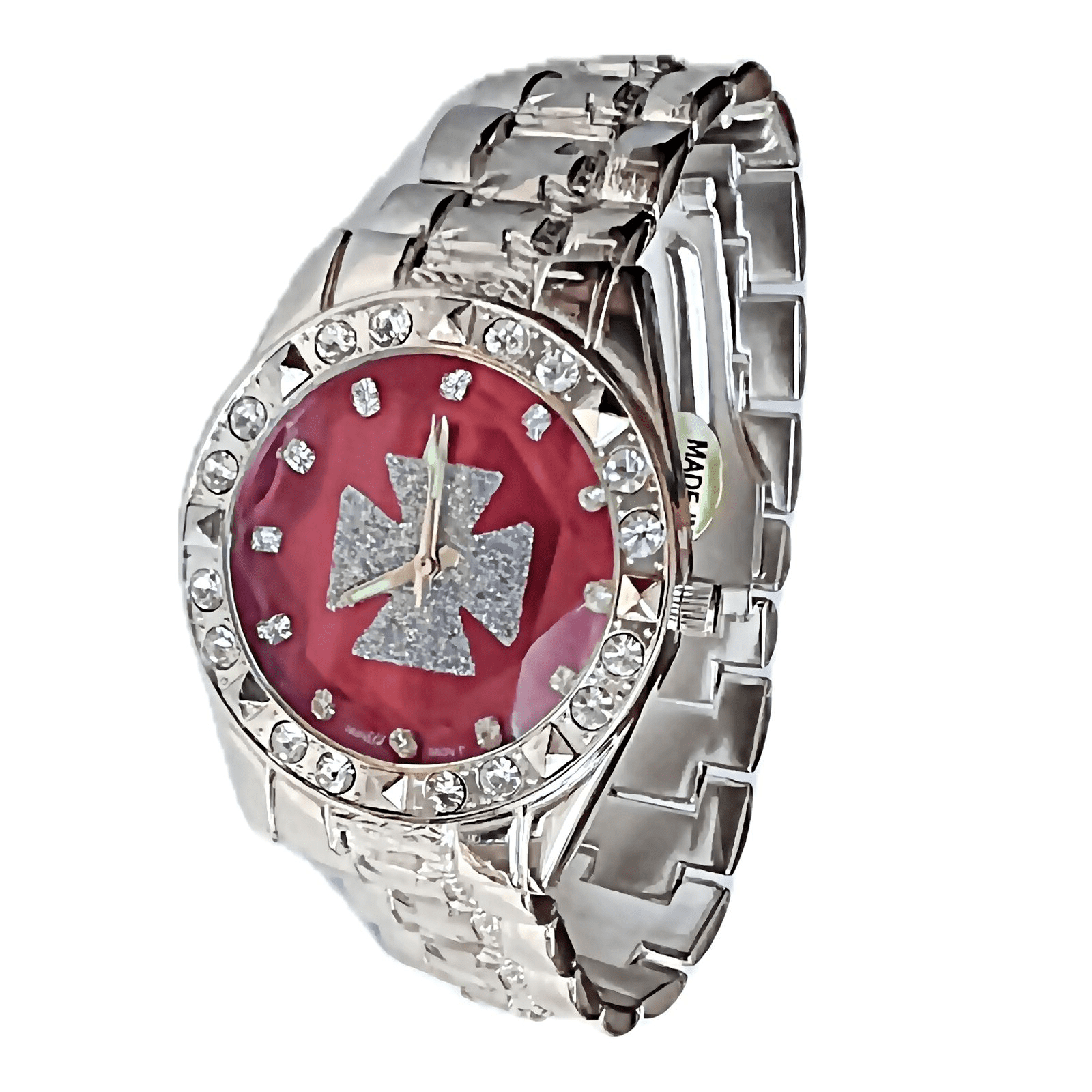 Men's Celtic Cross Red Dial Face Watch CZ Iced Bling Out Silver Tone 8 ...