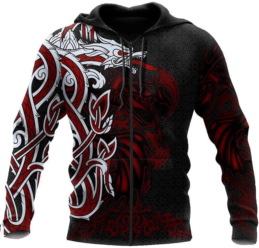 Men's Celtic Knot Viking Dragon Rune Tattoo Full Zip Hoodie, Norse Mythology 3D Printed Long ...