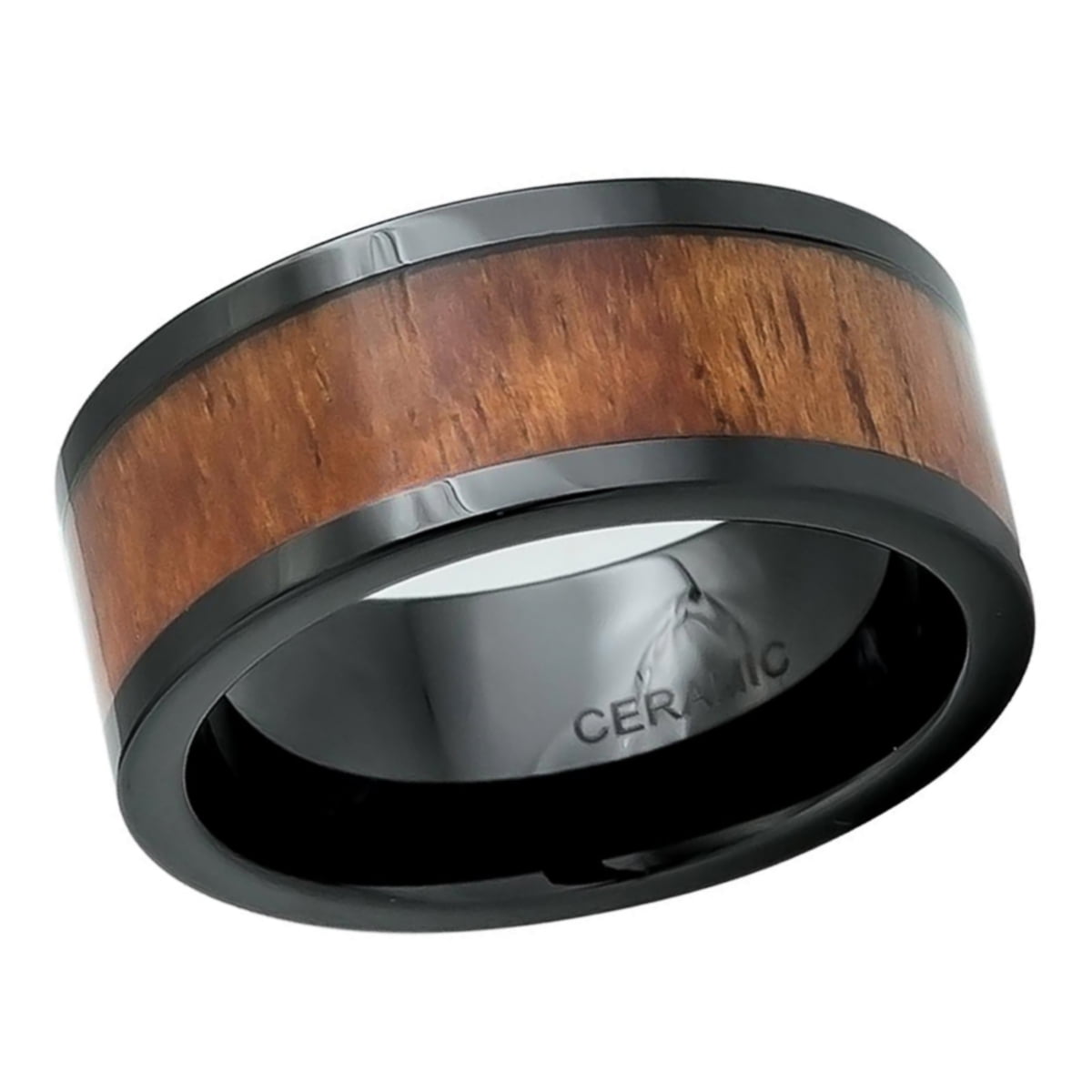 Men's Ceramic Wedding Band Ring 9mm Hawaiian Koa Inlay Black Ring ...