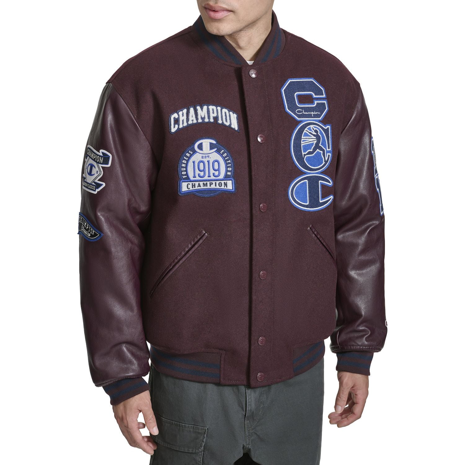 Men's Champion® Letterman Varsity Bomber Jacket with Patches Color ...
