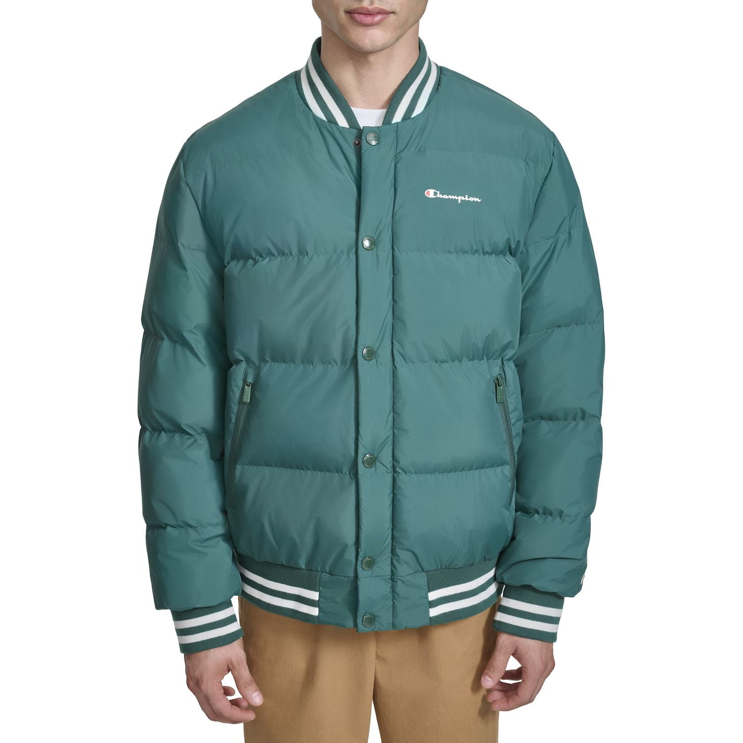 Men's Champion® Quilted Varsity Puffer Bomber Jacket Color: Rain Forest ...