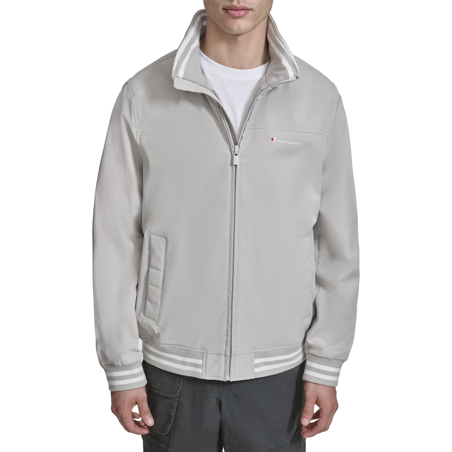 Men's Champion® Varsity Bomber Jacket with Stand Collar Color: Oyster ...