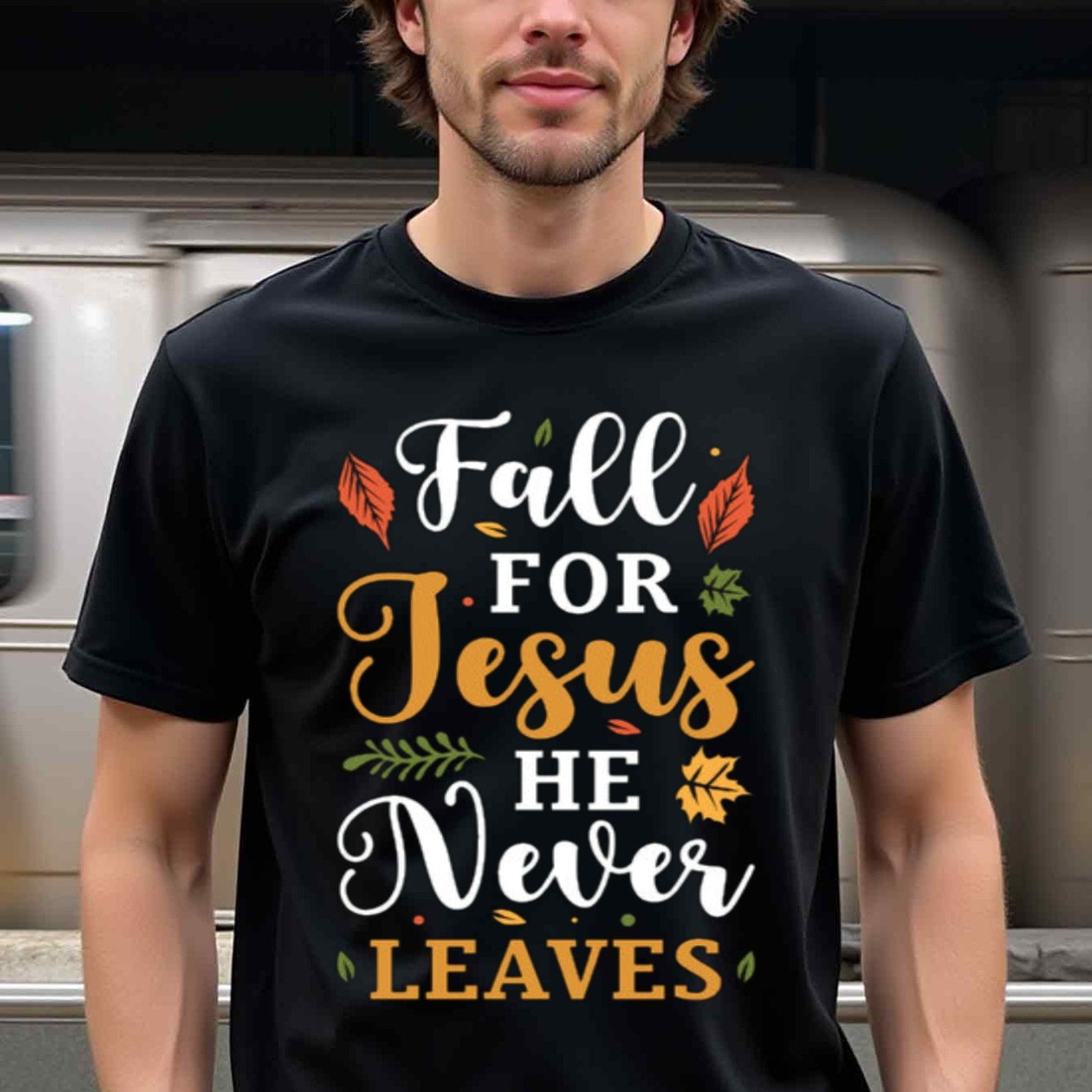 Men's Christian Faith Apparel - Fall for Jesus He Never Leaves ...