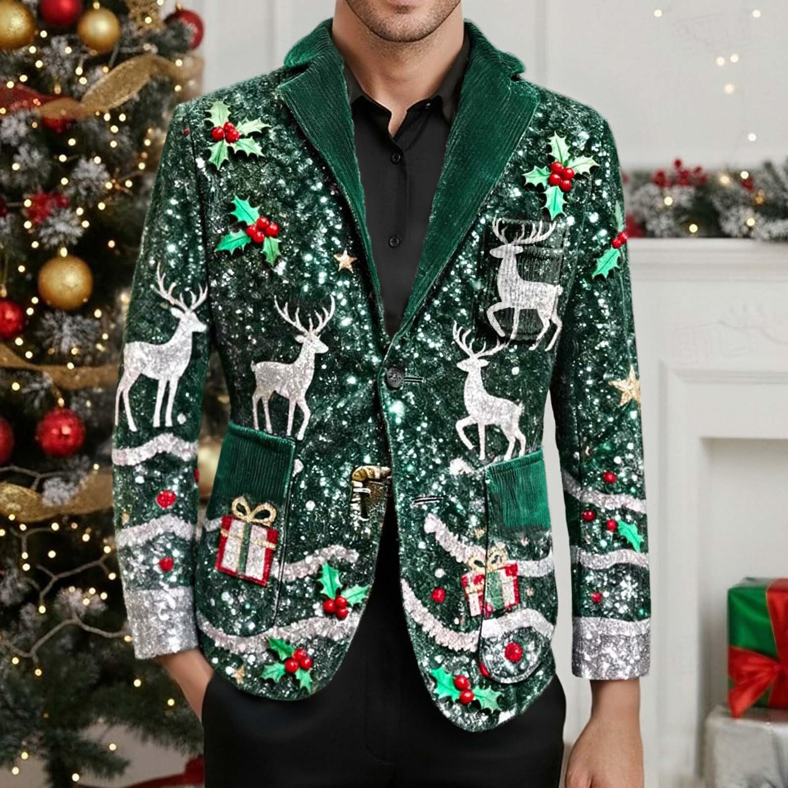 Men's Christmas Blazer Slim Fit Corduroy Ugly Jacket 3 Button Christmas ...